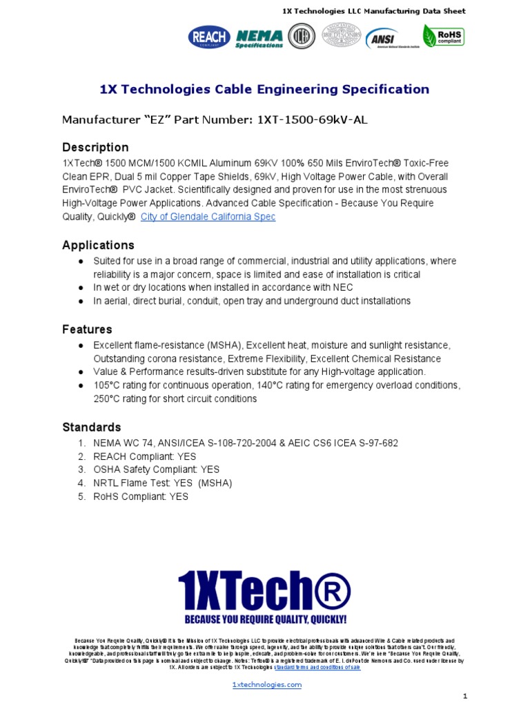1X Technologies 69kV Cable Specs | PDF | Electrical Conductor | High ...