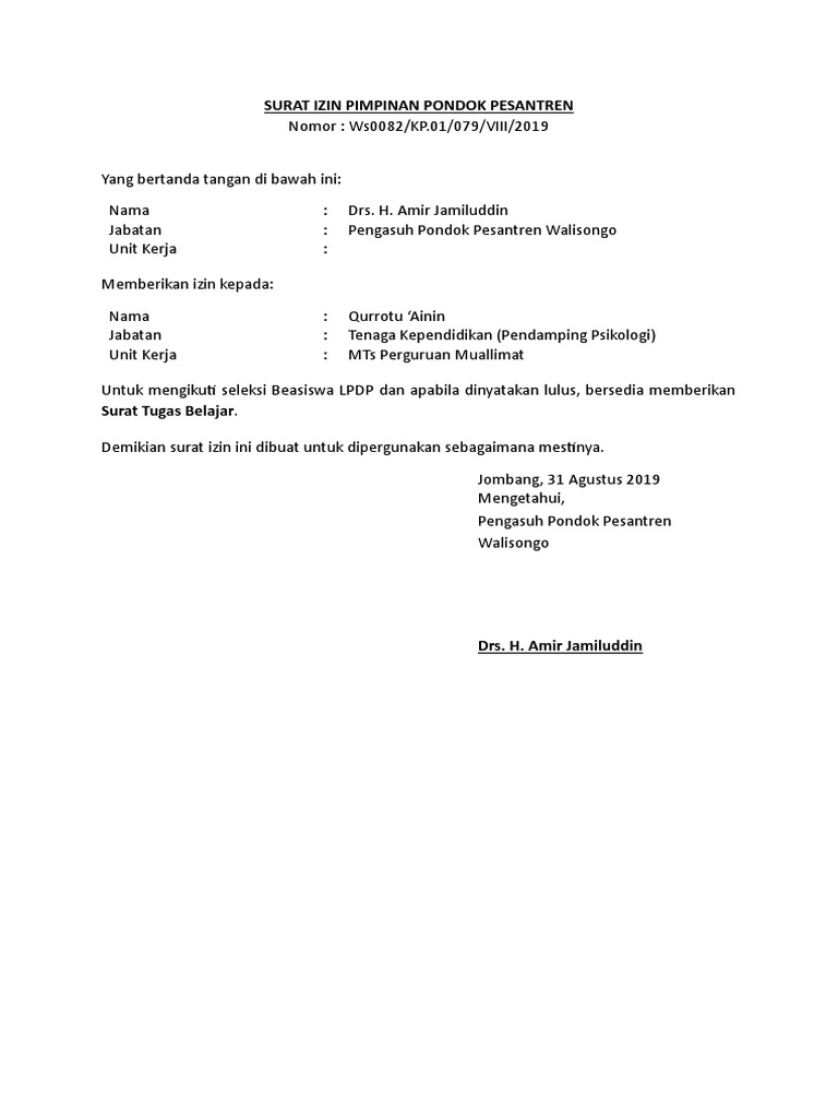 Surat Izin Pimpinan Pondok Pesantren - Ainin | PDF