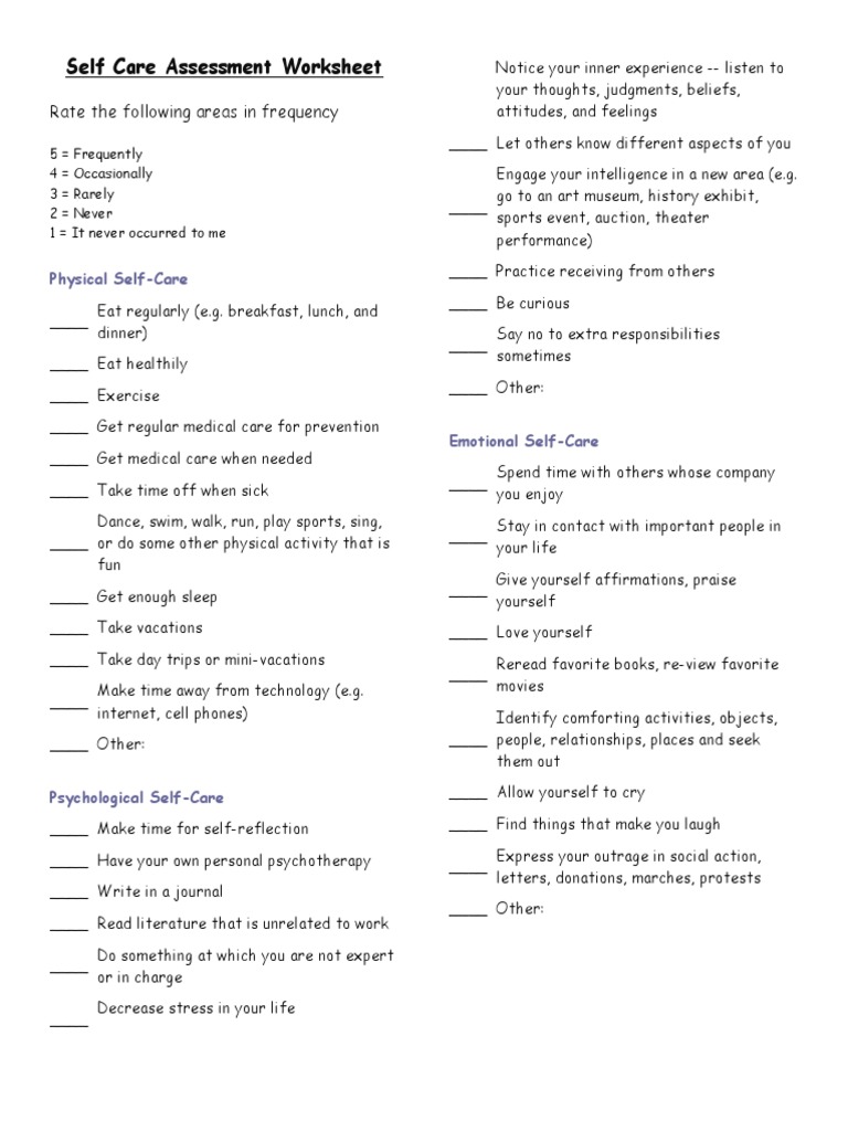 Self Care Assessment Worksheet PDF | PDF | Metaphysics Of Mind | Psychology