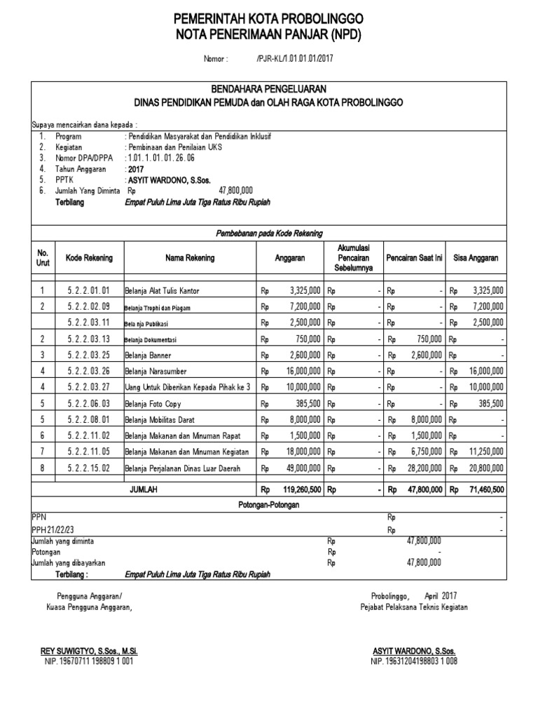 Nota Penerimaan Panjar Probolinggo 2017 | PDF