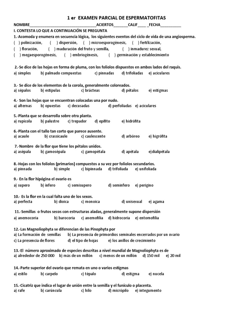 1er examen parcial de espermatofitas | PDF | Germinación | Flores
