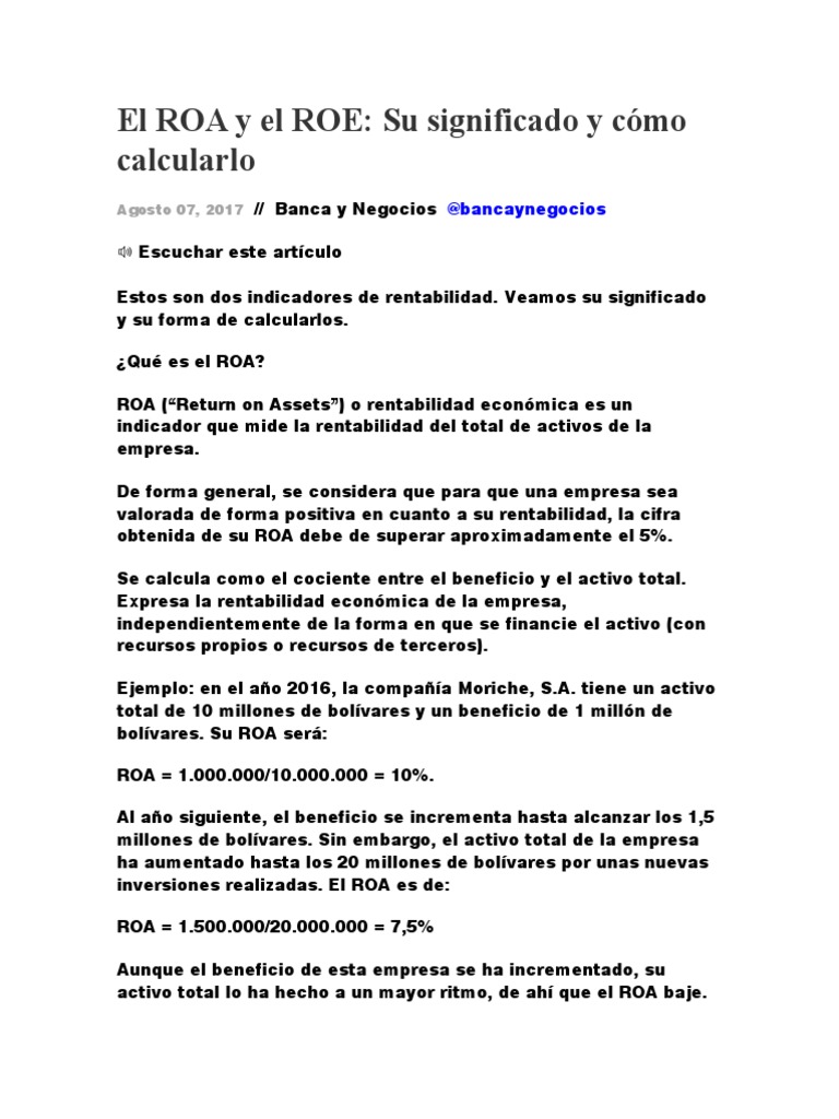 El ROA y El ROE | PDF | Rentabilidad sobre recursos propios | Mercados ...