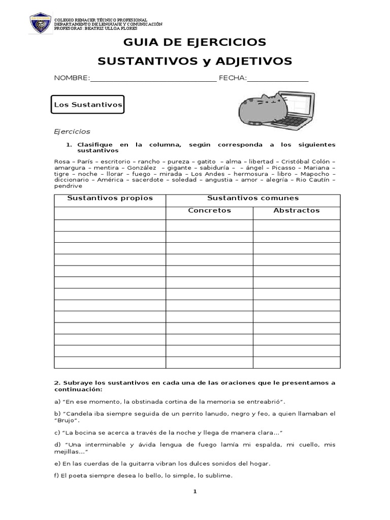 Guia de Ejercicios Sustantivos y Adjetivos | PDF