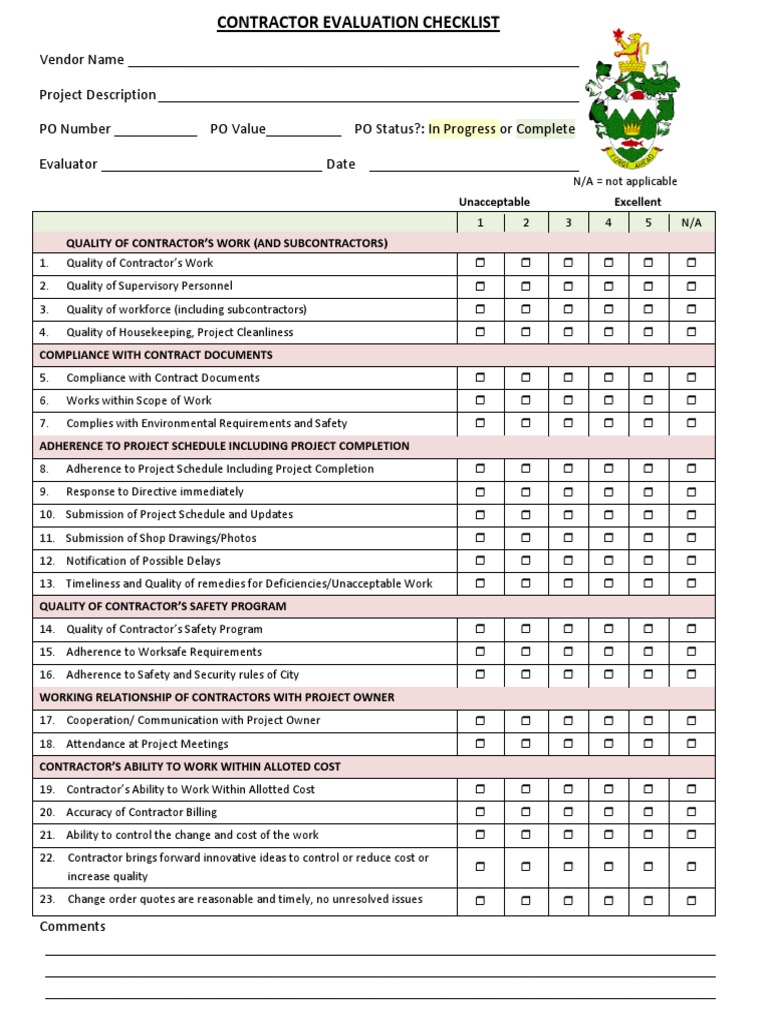 Project Contractor Evaluation Checklist | PDF | Government | Business