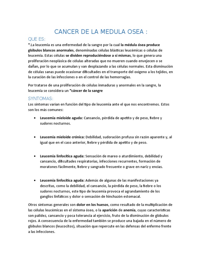 Cancer de La Medula Osea | Descargar gratis PDF | Leucemia | Cáncer