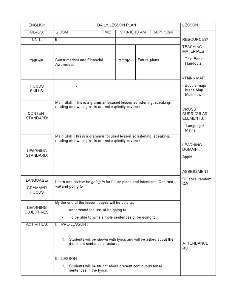 Form 2 Lesson Plan | PDF | Lesson Plan | Reading Comprehension