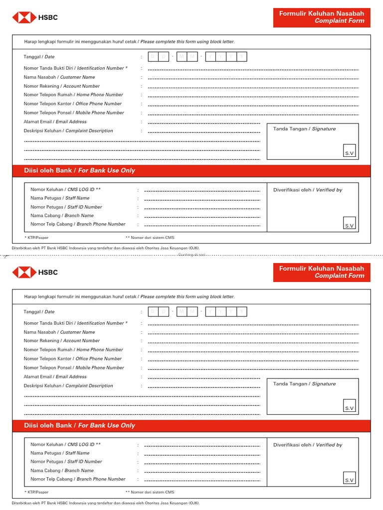 Formulir Keluhan Nasabah Complaint Form | PDF