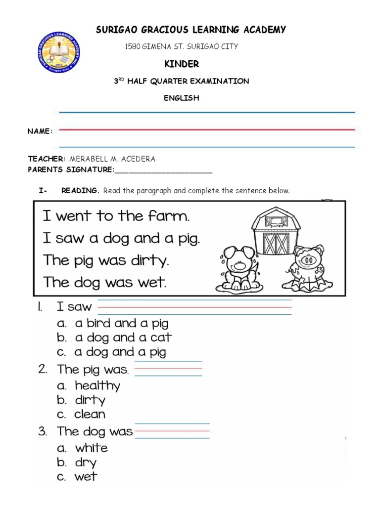 4TH Quarter Exam Kinder | PDF