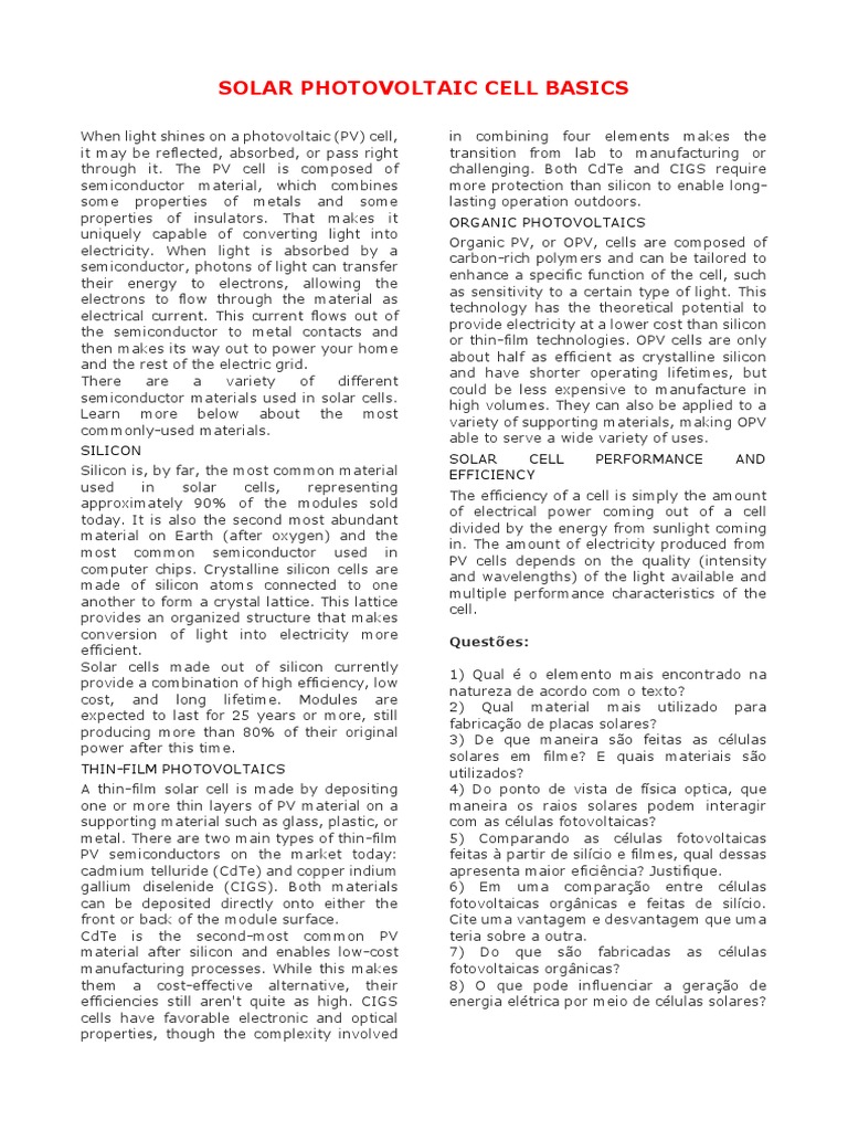 Solar Cell Basics Explained | PDF | Photovoltaics | Solar Cell
