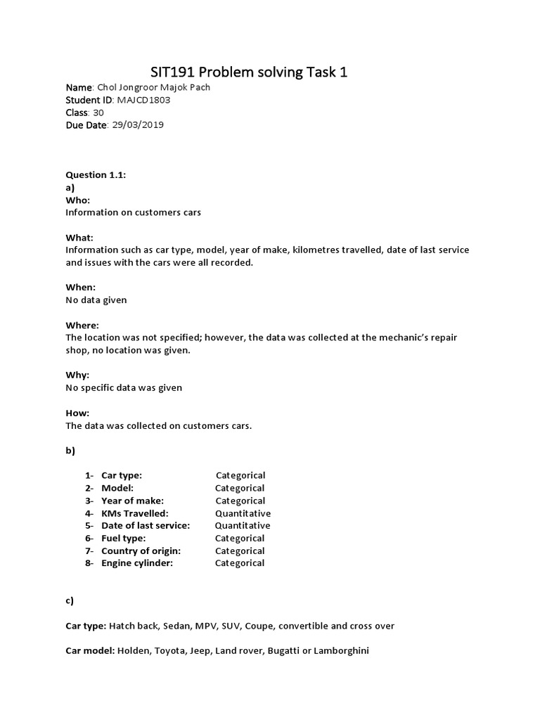 SIT191 Problem Solving Task 1 | PDF | Vehicles | Motor Vehicle