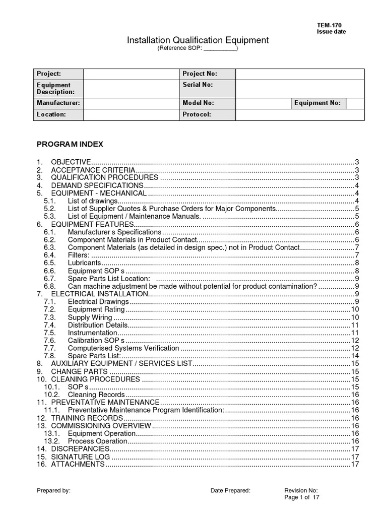 Installation Qualification Equipment Sample | PDF | Verification And ...