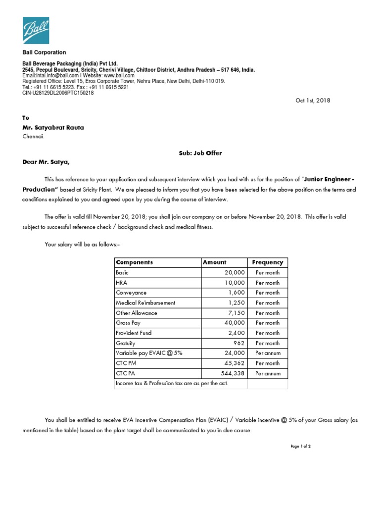 Job Offer Letter for the Position of Junior Engineer - Production at ...