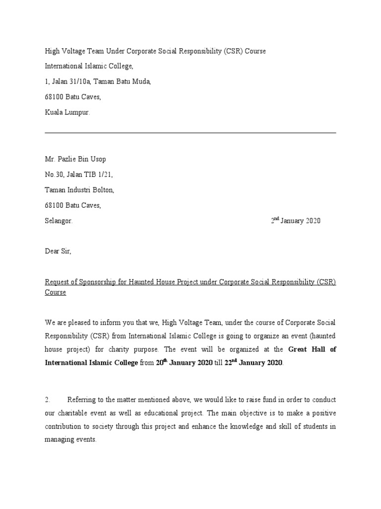 CSR Request of Sponsorship Letter | PDF