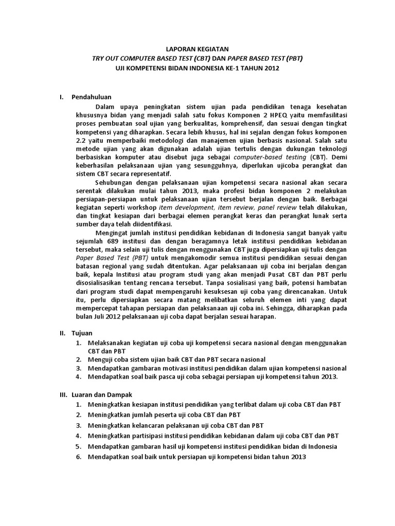 Laporan Kegiatan Try Out Computer Based Test (CBT) Dan Paper Based Test ...