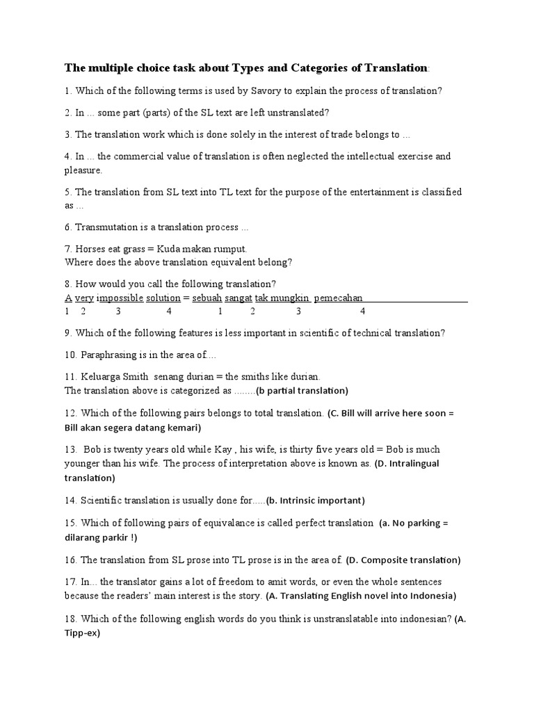 Multiple Choice Questions on Translation Types, Categories, Principles ...