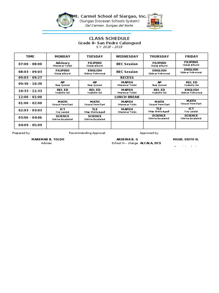 SPC Grade 8 Class Schedule 2018-2019 | PDF