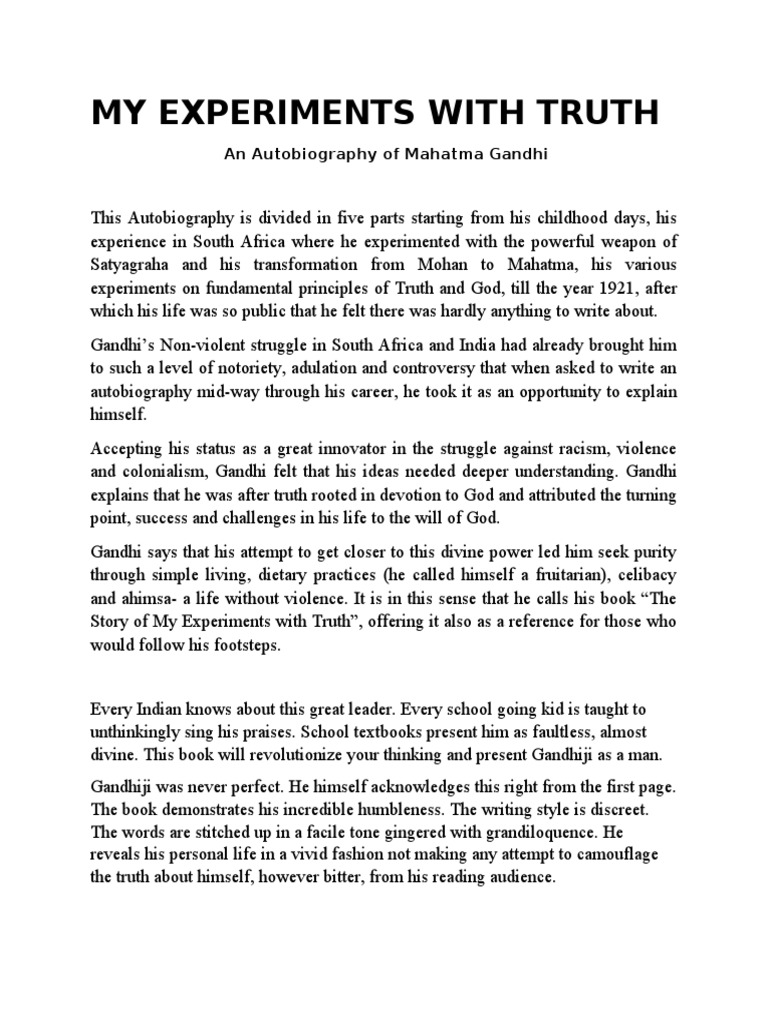 Review On "My Experiments With Truth" by MK Gandhi | PDF | Mahatma ...