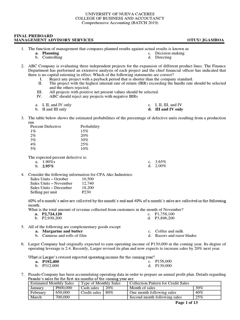 02 MAS Final Preboard 2018 2019 WITH ANSWER 2 PDF | PDF | Equity ...