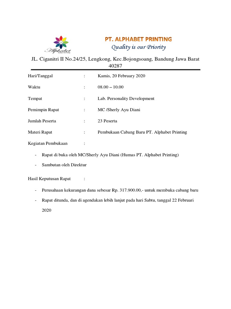 Contoh Risalah Rapat PT. Alphabet Printing | PDF