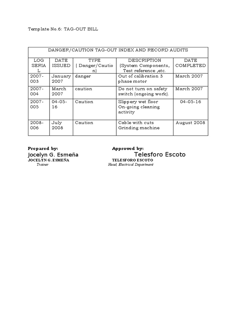 Template No. 6 TAG OUT BILL TEMPLATE | PDF