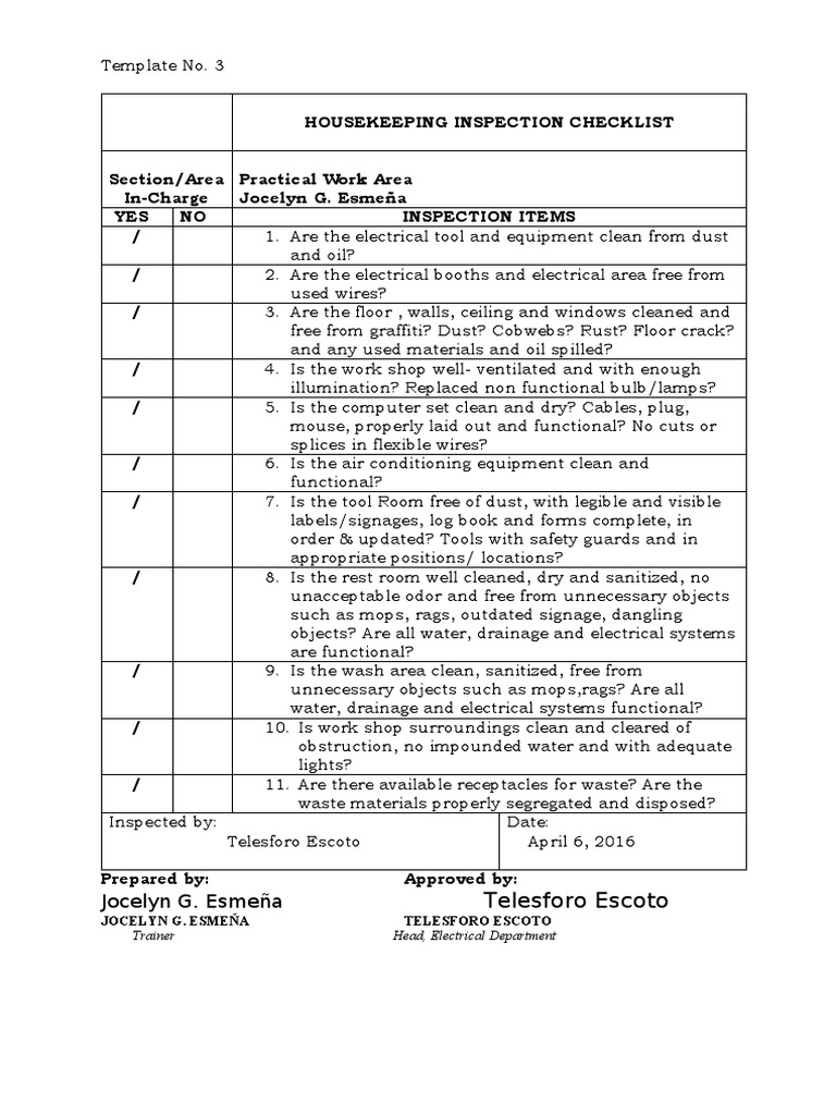 Template No. 3 HOUSEKEEPING INSPECTION CHECKLIST TEMPLATE | PDF ...