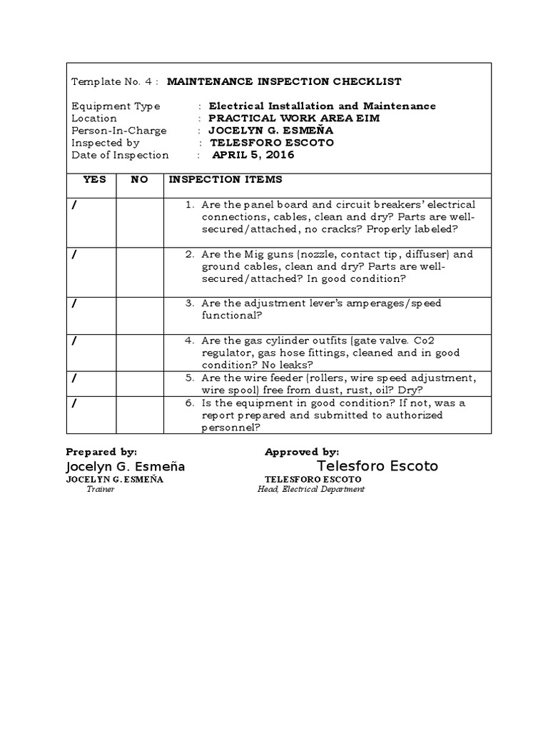 Template No. 4 MAINTENACE INSPECTION CHECKLIST TEMPLATE | PDF