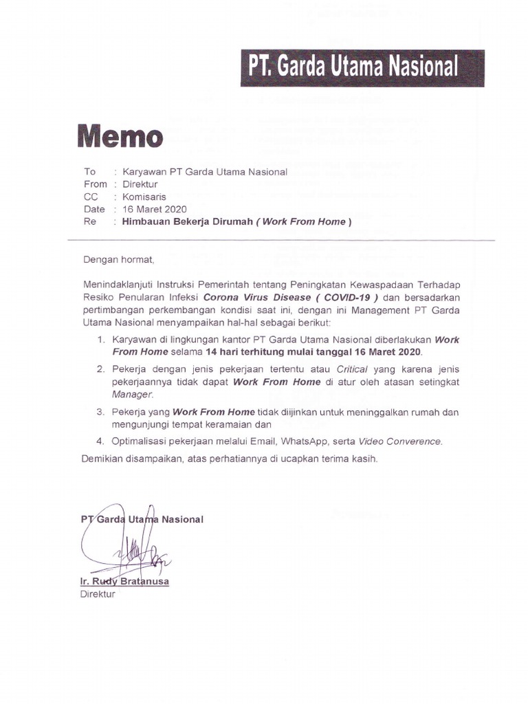 Internal Memo Himbauan Bekerja Dirumah (WFH) PDF | PDF