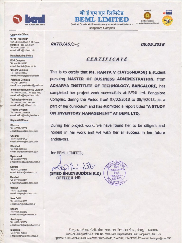 Certificate of Appreciation: A Study on Inventory Management at BEML ...