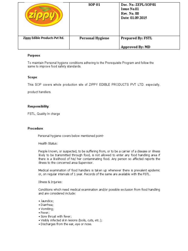 Maintaining High Standards of Personal Hygiene: An SOP for Food ...