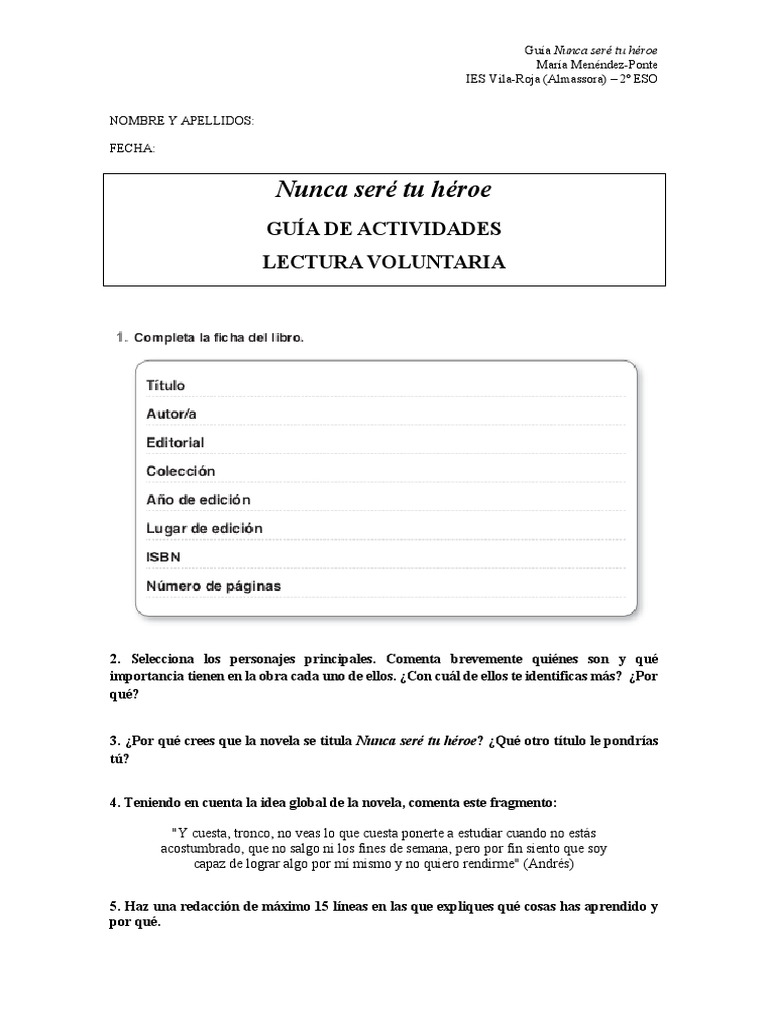 Guía de Actividades: Nunca seré tu héroe | PDF | Ficción general