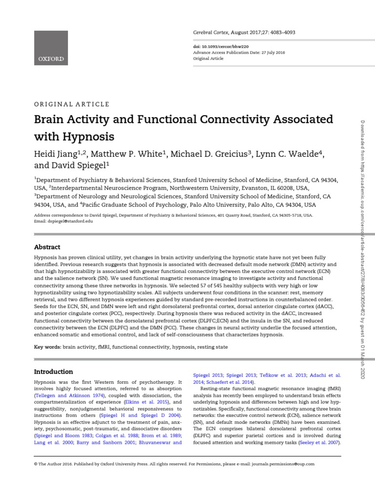 Brain Activity Hypnosis Study PDF | PDF | Dorsolateral Prefrontal ...