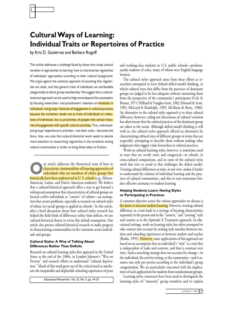 Gutierrez & Rogoff. Cultural Ways of Learning | PDF | Learning Styles ...