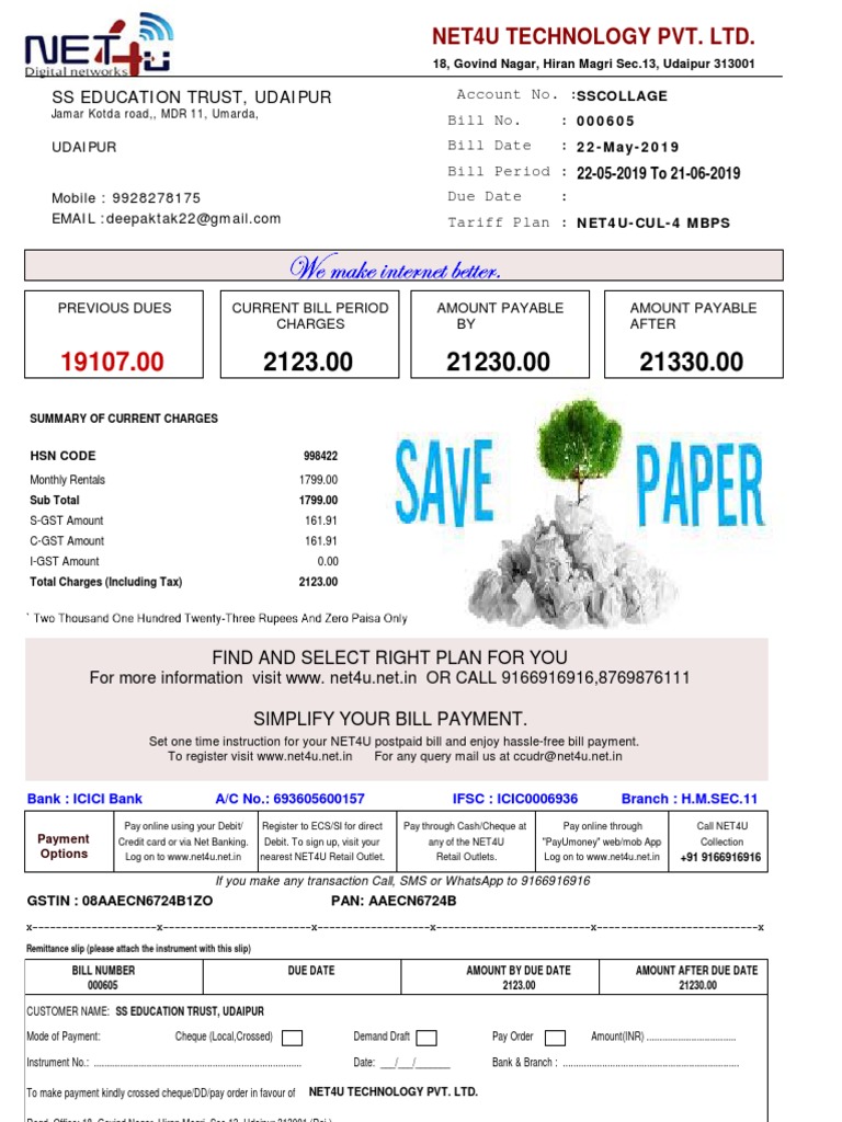 NET4U Bill Summary for SS Education Trust | PDF | Payments | Cheque