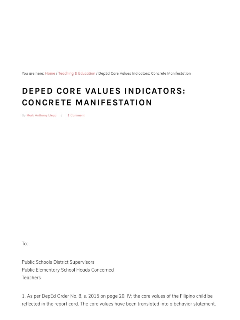 DepEd Core Values: Behavior Indicators | PDF | Bullying | Value (Ethics)