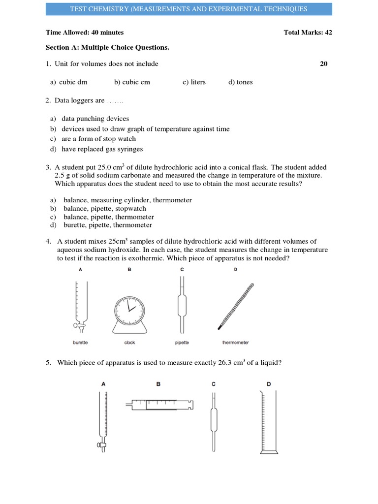 Test Chem MEASUREMENTS AND EXPERIMENTAL TECHNIQUES GCE O Level | PDF ...