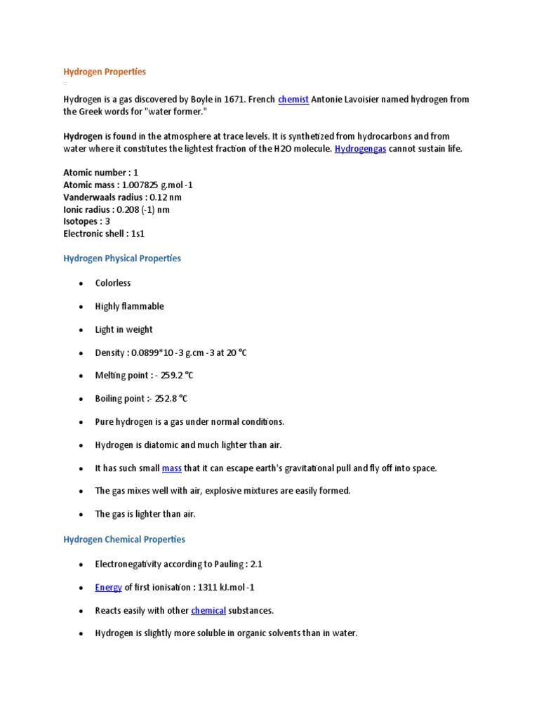 Hydrogen Properties | PDF | Hydrogen | Chemical Reactions