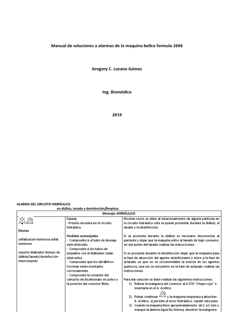 Manual de Soluciones A Alarmas de La Maquina Bellco Formula 2000 | PDF ...