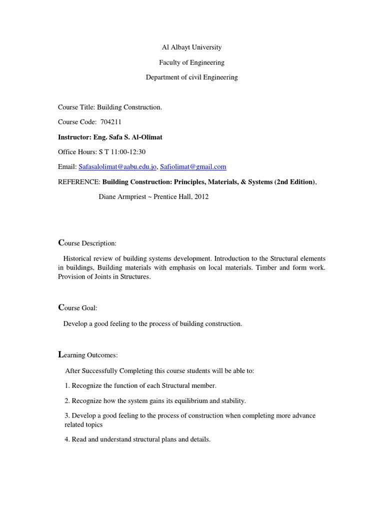 Building Construction Syllabus | PDF