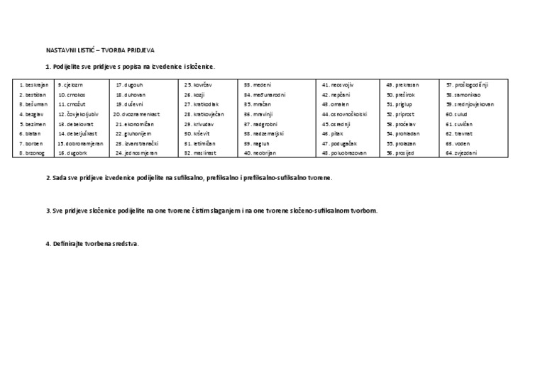 Nastavni Listić - Pridjev | PDF