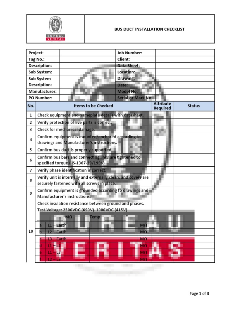 Bus Duct Installation Checklist | PDF | Screw | Duct (Flow)