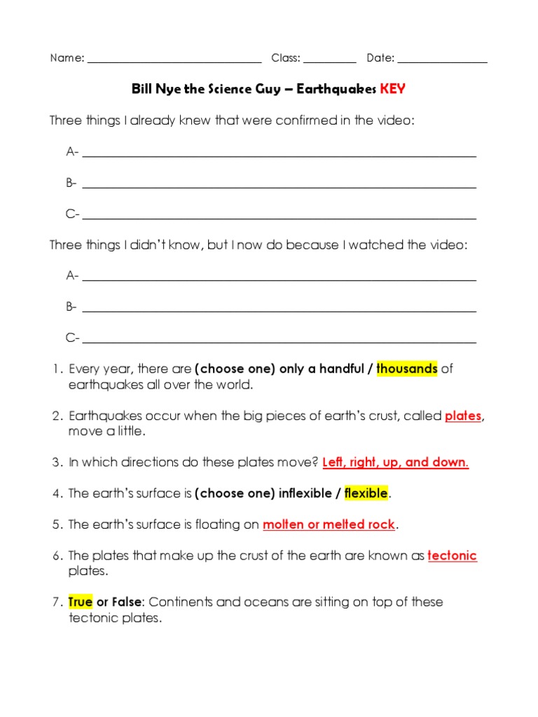 Bill Nye's Earthquake Insights Worksheet | PDF | Science & Mathematics ...