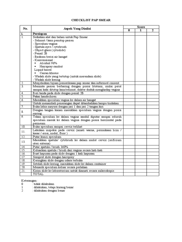 Check List Pemeriksaan Pap Smear OSCE 2011 | PDF