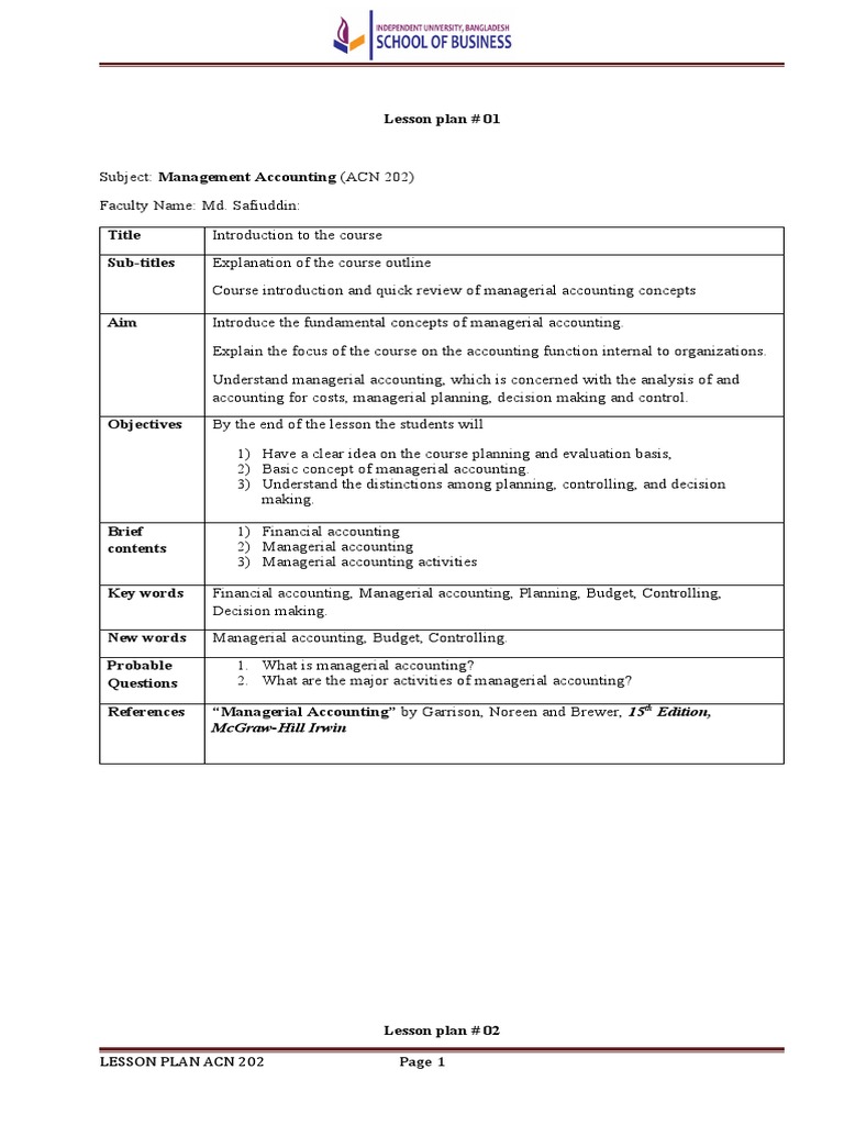 ACN202-Lesson Plan | PDF | Management Accounting | Accounting