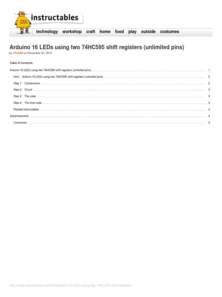 Arduino 16 Leds Using Two 74hc595 Shift Registers Pdf Arduino