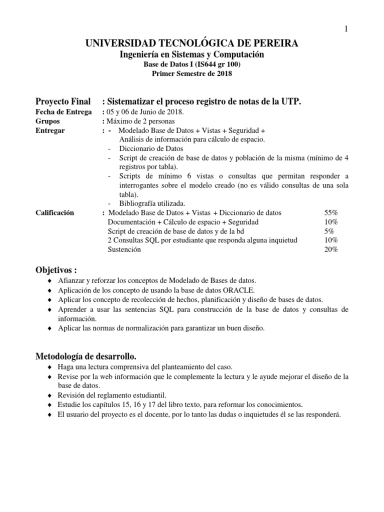 Proyecto Bases de Datos 2018-1 | PDF | SQL | Bases de datos