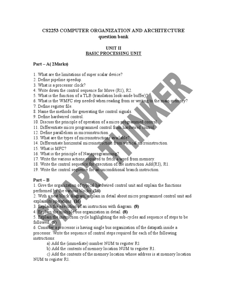 Cs2253 Computer Organization and Architecture Question Bank: Unit Ii Basic Processing Unit Part ...