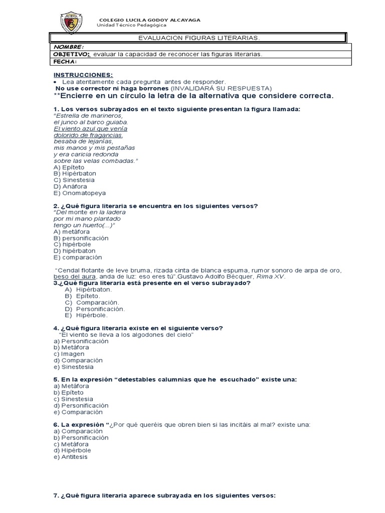 Evaluación de Figuras Literarias | PDF | Recursos poéticos | Técnicas ...