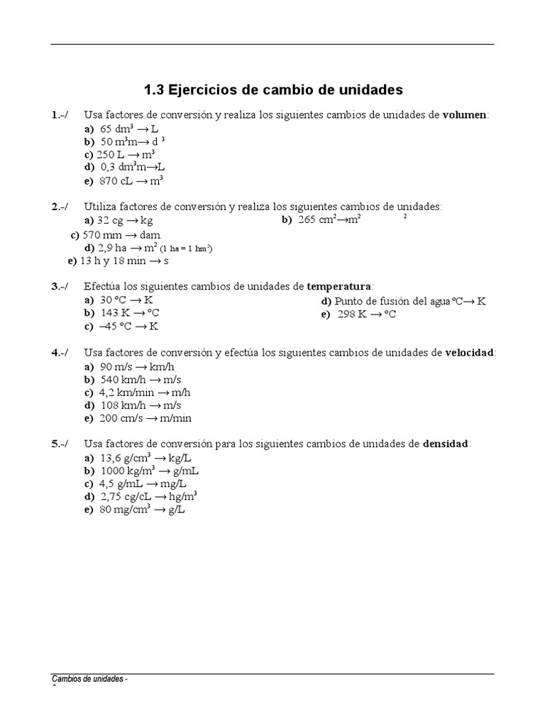 Soluciones de ejercicios sobre cambios de unidades entre volumen, masa ...
