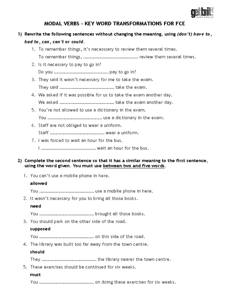 Modal Verbs - Key Word Transformations For Fce PDF | PDF | Language ...