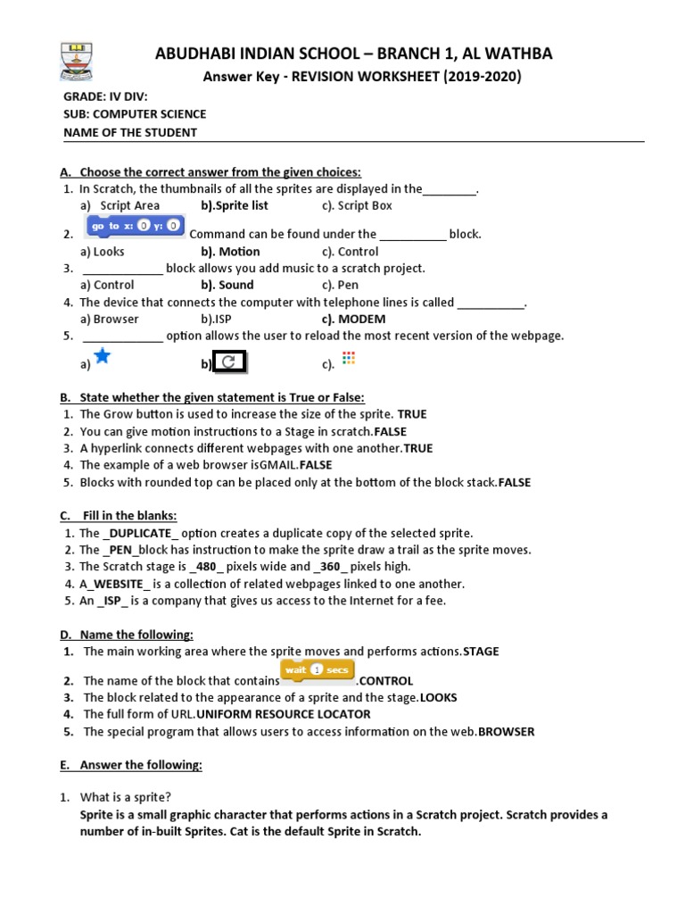Grade 4 - Revision Worksheet - Ans Key | PDF | Scratch (Programming ...